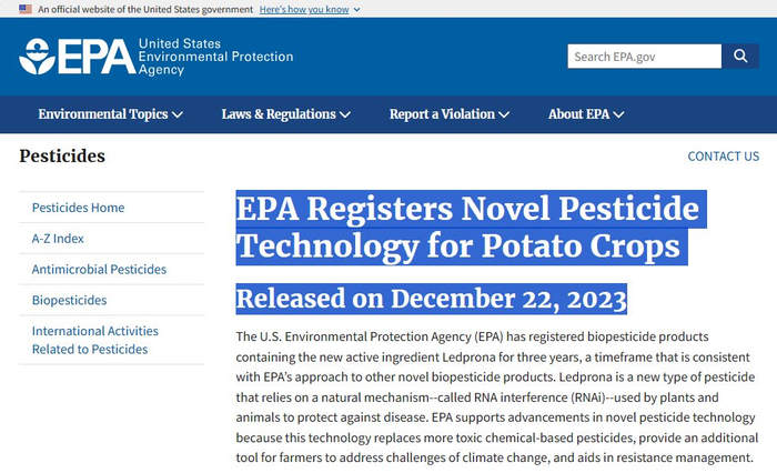 农业资讯 | EPA批准登记世界首款喷洒型RNA生物农药Ledprona