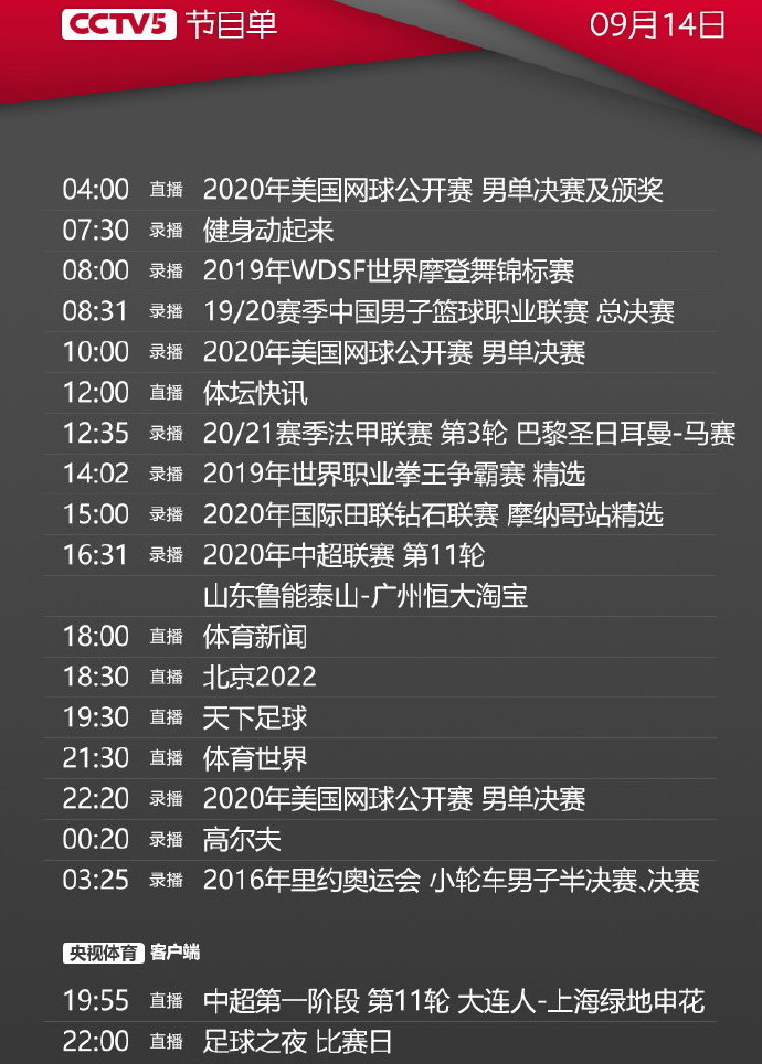 今日央视节目单，cctv5直播美网+天下足球，APP中超申花vs大连人