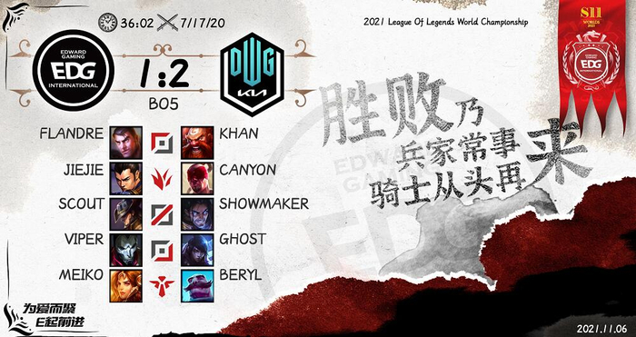 英雄联盟S11总决赛落幕，EDG创造奇迹，3比2击败DK成功夺冠！