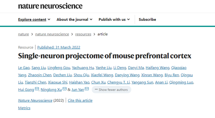 Nature Neurosci重磅封面：严军/徐宁龙/龚辉联合等发布小鼠前额叶单神经元投射图谱|华中科技大学