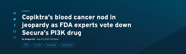 PI3K抑制剂“度维利塞”或将被FDA撤市，国内3月刚批