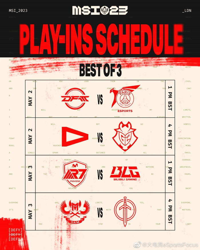 LOL官推更新MSI第一轮BO3赛程： 5月2日 20:00 DFM vs PSG……