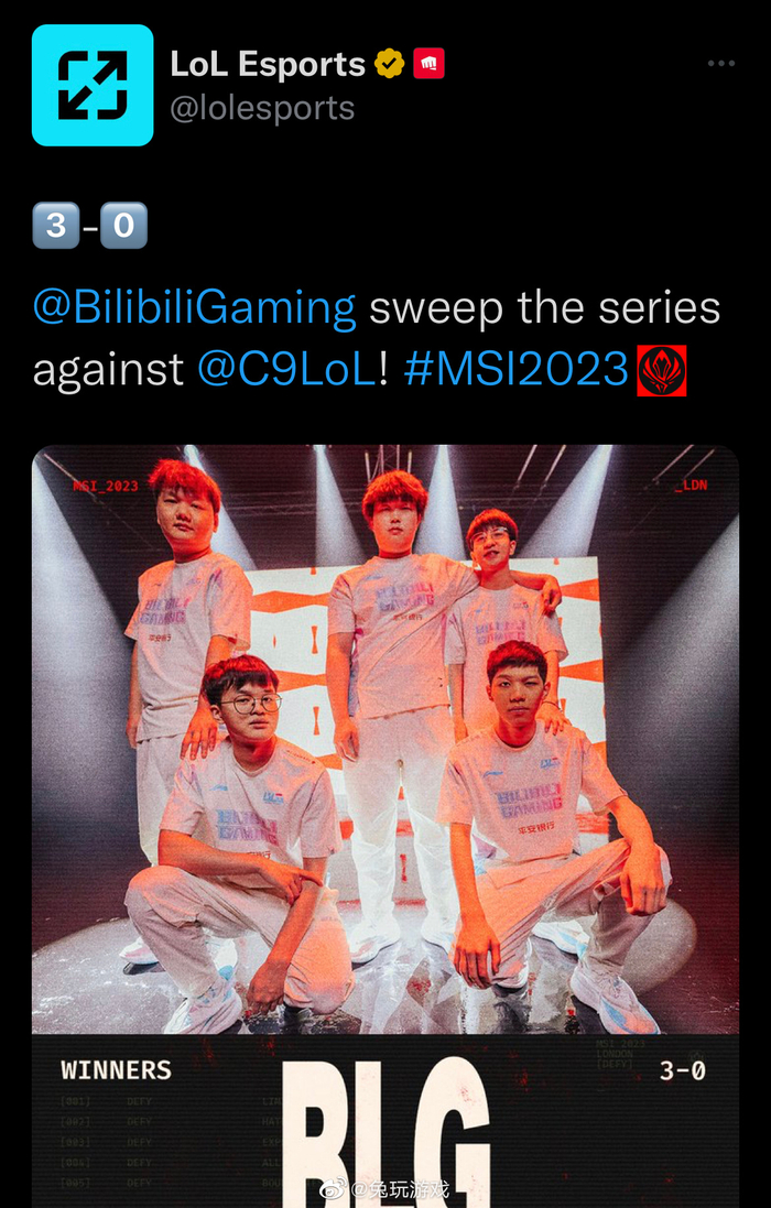 LOL官推： BLG在本轮比赛中横扫C9！
