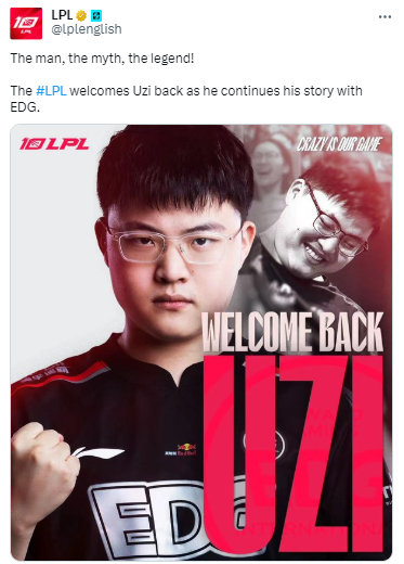 LPL官方推特发布Uzi回归的消息，随后Ruler选手在下方评论
