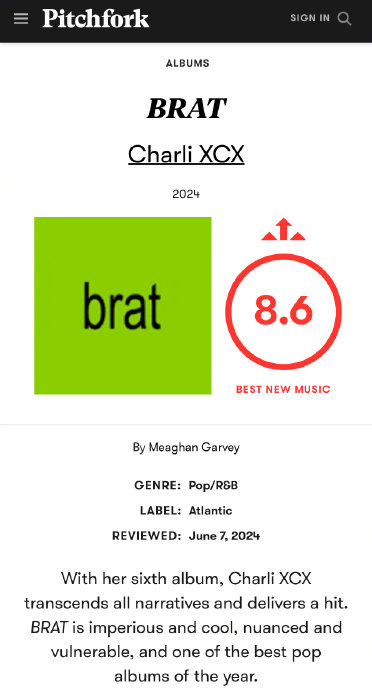 婊叉限定活了！Pitchfork为洗茶新专辑《BRAT》打出了8.6的高分！|BRAT|新专辑_新浪新闻