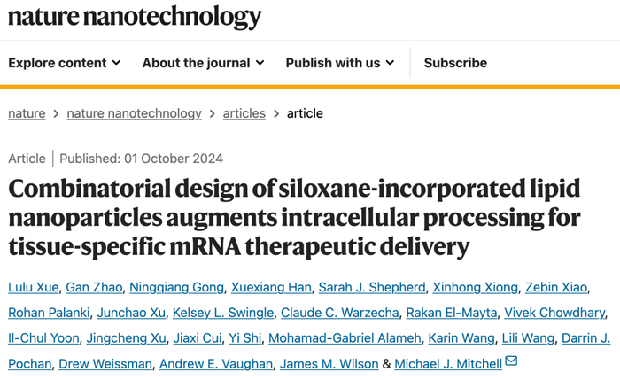 Nature子刊：薛璐璐等开发硅氧烷基LNP，实现mRNA的器官特异性高效递送