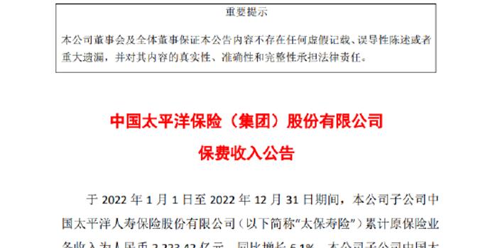 中国太保:2022年度累计原保险业务收入222342亿元 同比增长61手机新浪网