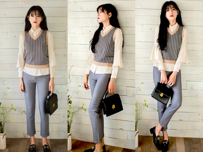 衬衫穿搭休闲裤，19年春季那比象牙还要洁白光鲜的皮肤，透着蔷