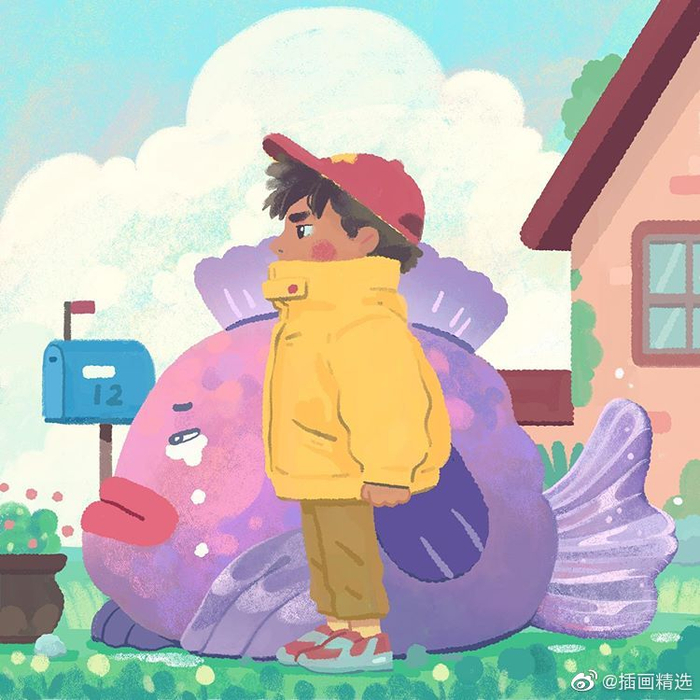 插画师Boya Sun插画作品配色治愈温馨，画风也非常可爱;蜡笔的质感