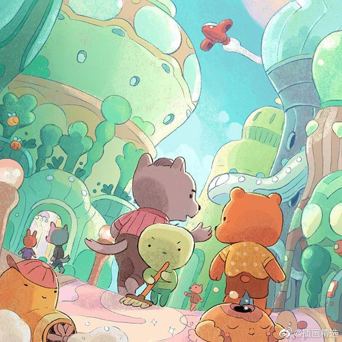 插画师Boya Sun插画作品配色治愈温馨，画风也非常可爱;蜡笔的质感