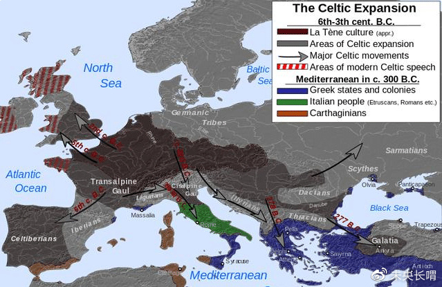 凯尔特人为印欧人一部分，曾横行欧洲但最终被罗马征服