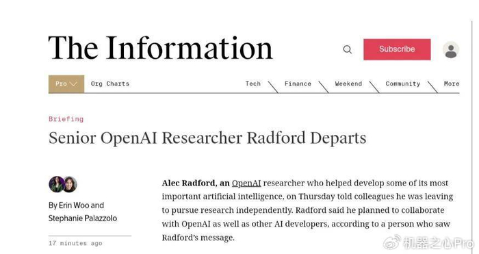 OpenAI元老级研究员Alec Radford离职，主导了GPT-1、GPT-2的研发__财经头条__新浪财经