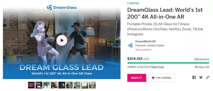 新品丨Dream Glass Lead AR一体机众筹上线24小时突破8万美金！__财经头条