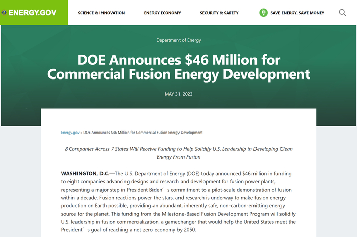 美国能源部宣布拨款 4600 万美元研发核聚变，目标用于商业电网__财经头条
