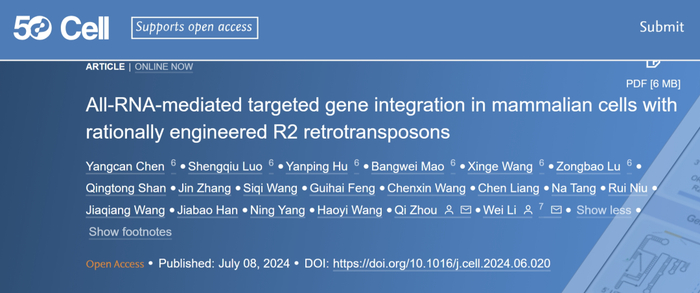 Cell丨李伟/周琪合作团队开发逆转座子基因工程新技术，实现全RNA介导的基因精准写入__财经头条