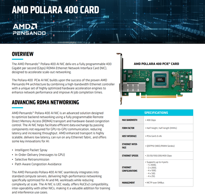 AMD 发布首款 UEC 兼容 AI NIC 网卡 Pensando Pollara 400__财经头条__新浪财经