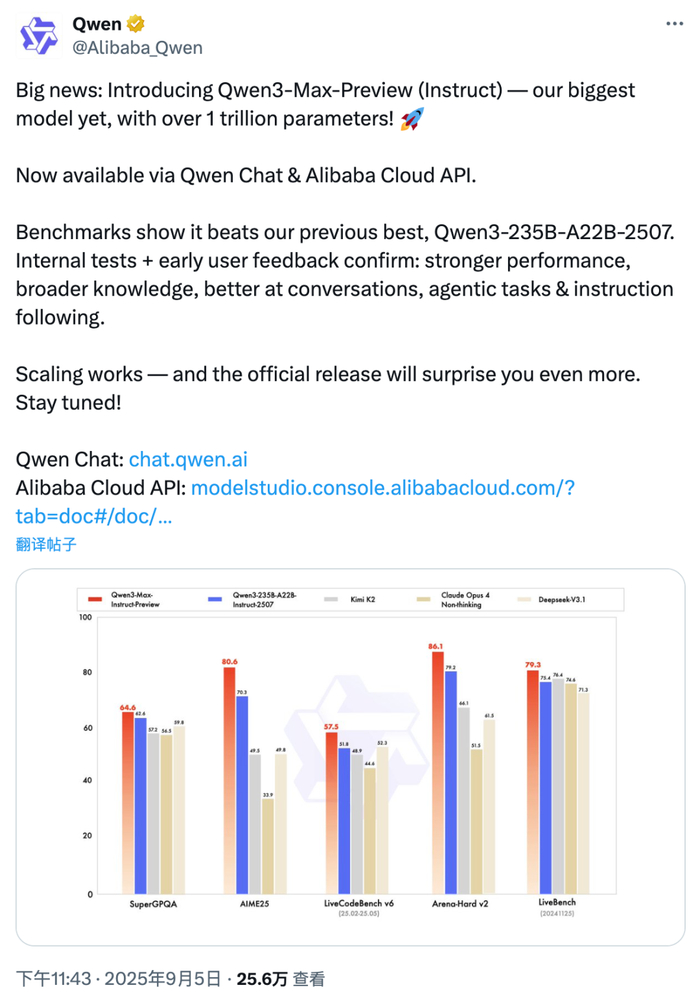 阿里深夜放大招、发布「超万亿参数」大模型：Qwen3 - Max - Preview__财经头条__新浪财经