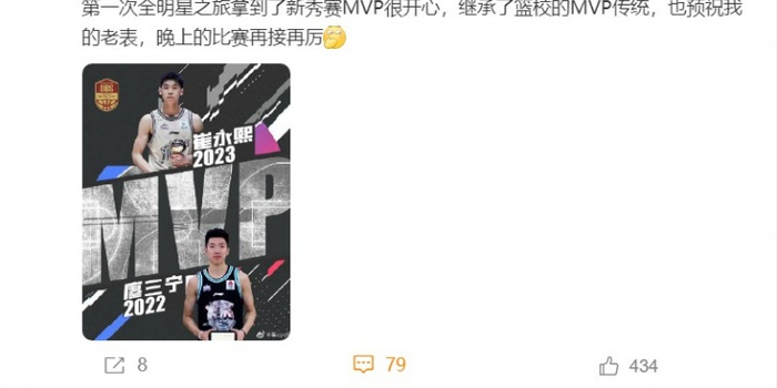 未来之星！崔永熙更博：第一次全明星拿到了新秀赛MVP很开心_手机新浪网