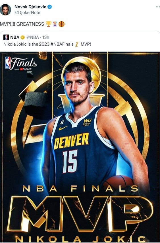 约基奇喜获2023年总决赛MVP！德约转推：MVP！伟大🏆_手机新浪网